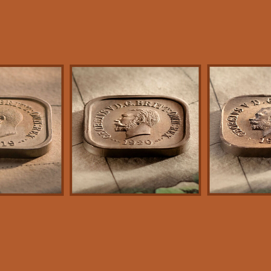 A Three-Coin Set of Kookaburra Square Pennies dated 1919, 1920 and 1921