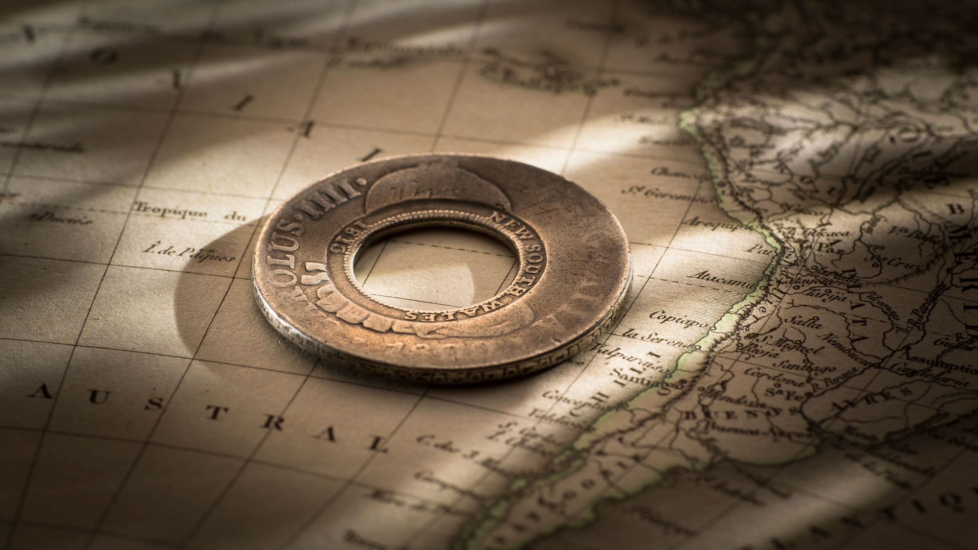 1813 Holey Dollar, struck from an 1800 Mexico Mint Spanish Silver Dollar.